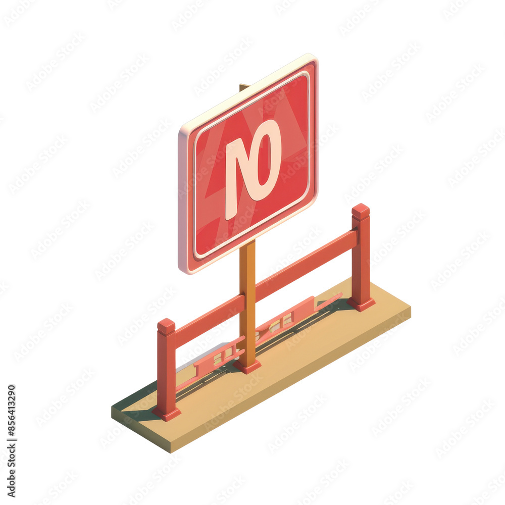Isometric illustration of a red no entry sign beside a wooden fence ...