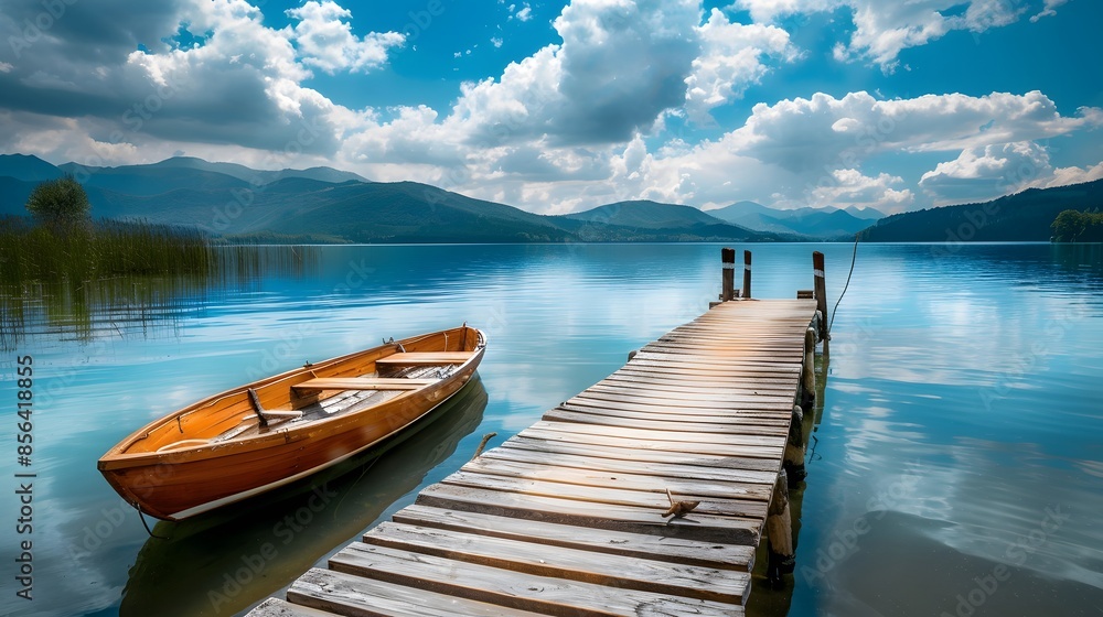 Beautiful lake landscape with row boat and old wooden lake bridge with ...