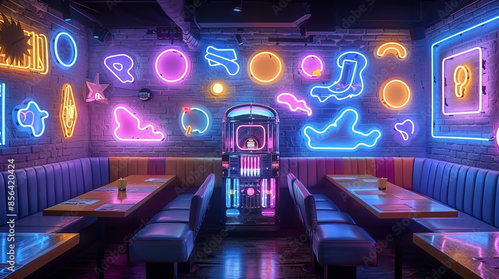 A 90s-inspired diner with neon signs, a jukebox, and colorful booths ...