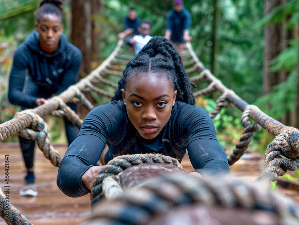 A woman is climbing a rope with her friends. The rope is made of ropes ...