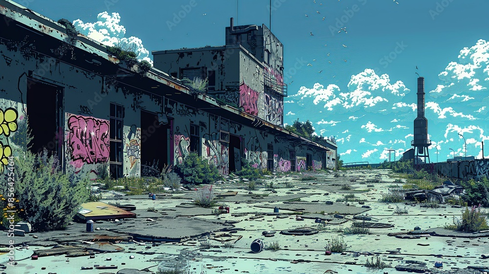 An urban scene with a dilapidated building and graffiti-covered walls ...