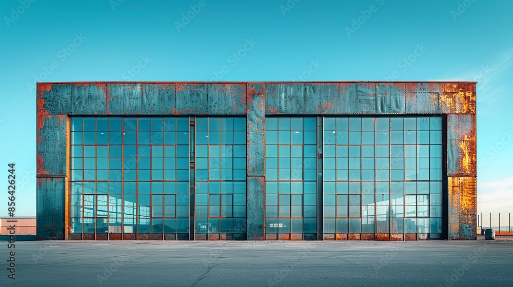 The exterior of an industrial building with large, utilitarian windows ...
