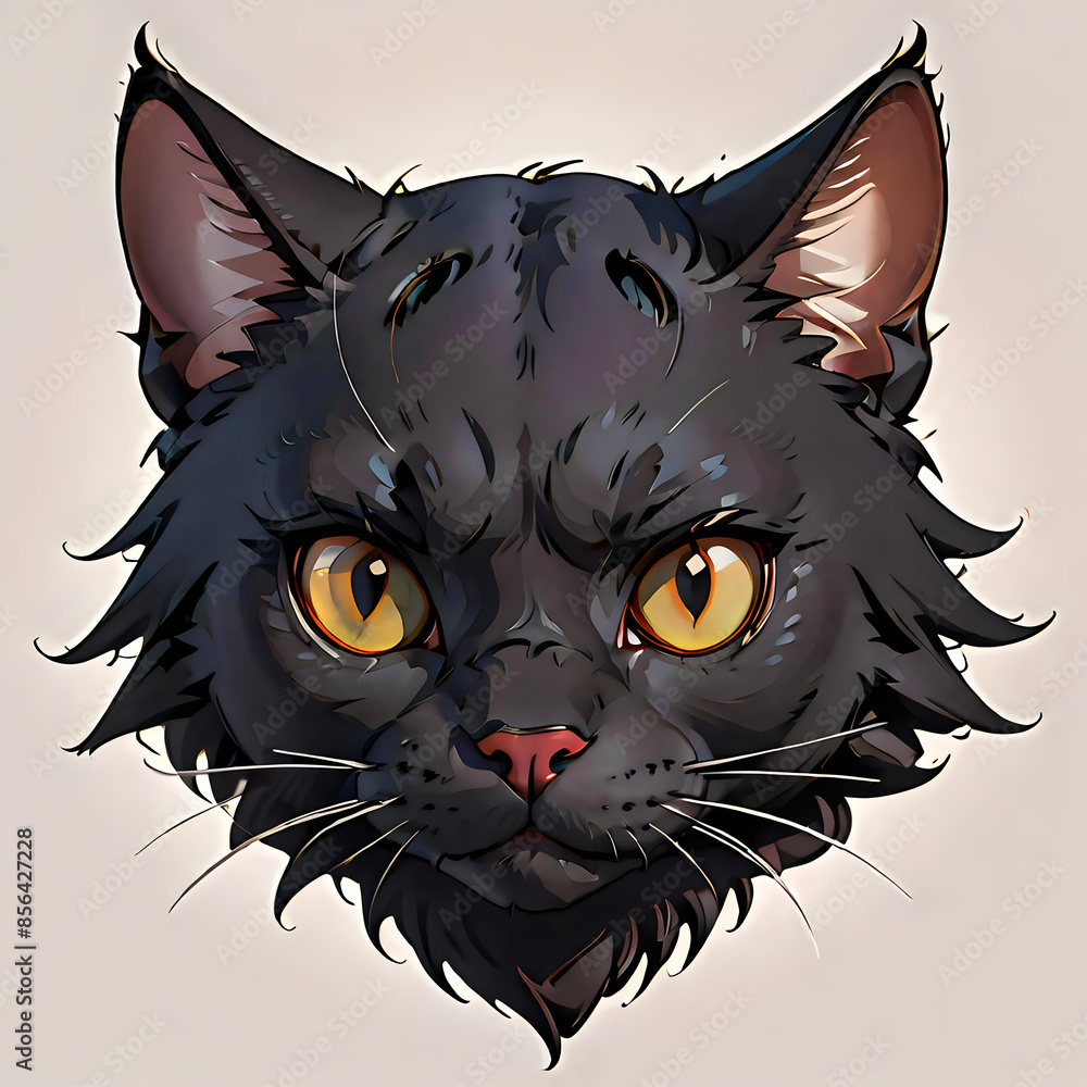 Brooding Black Cat with Amber Eyes. A detailed digital illustration of ...