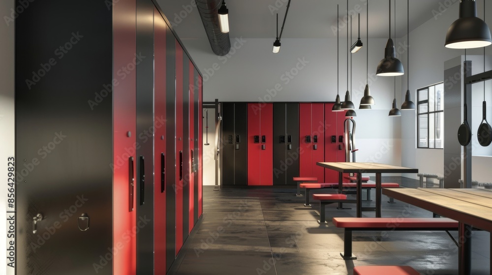 Modern Locker Room with Red and Black Lockers, Generative AI Stock ...