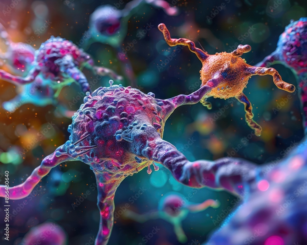 Microscopic view of rabies virus particles attacking nerve cells, with ...