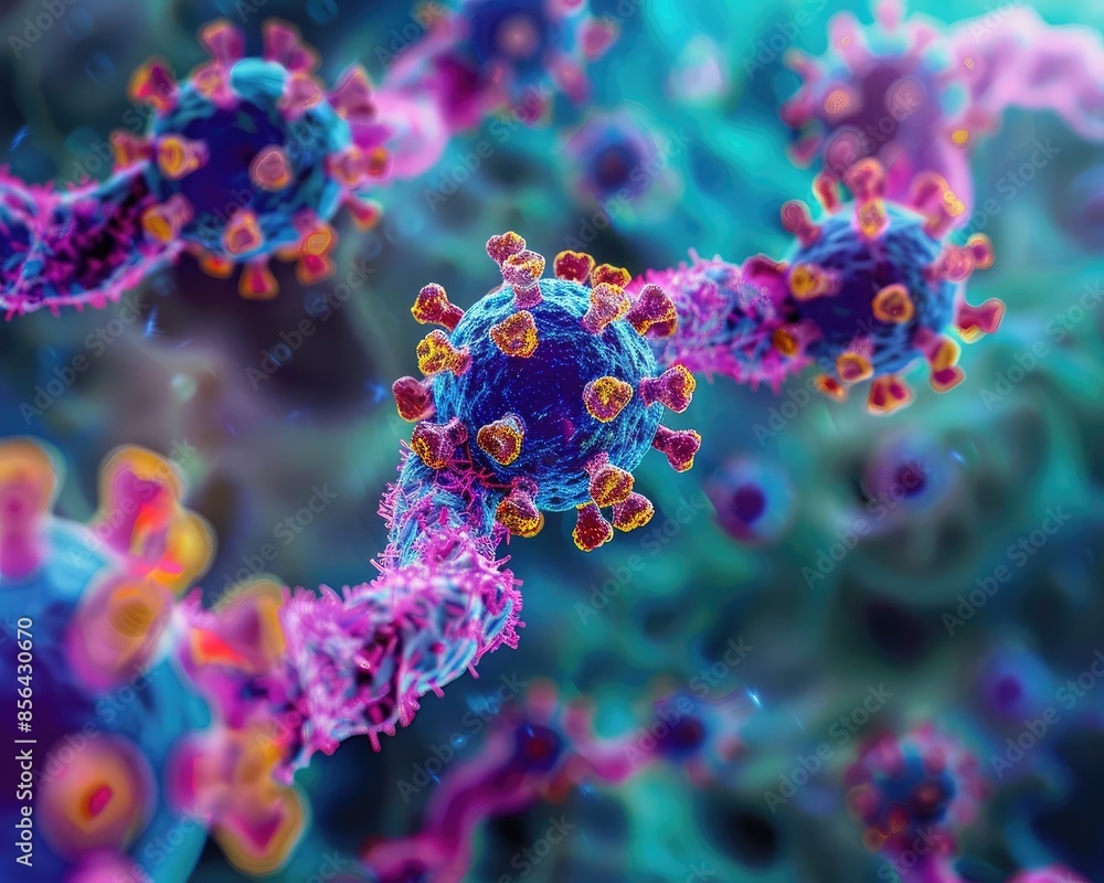 Microscopic view of rabies virus particles attacking nerve cells, with ...