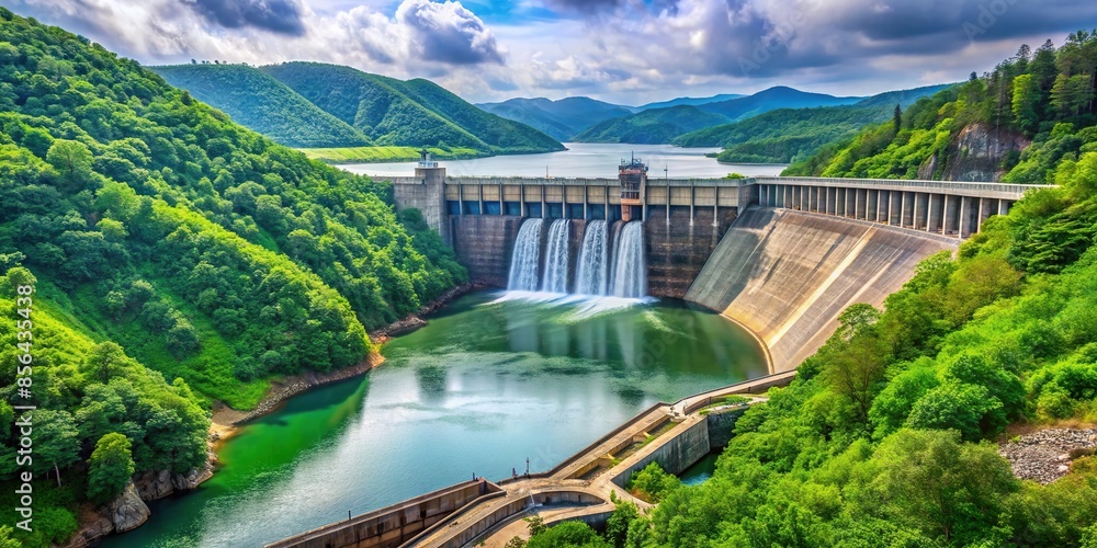 Hydroelectric dam surrounded by lush greenery, renewable energy, hydro ...