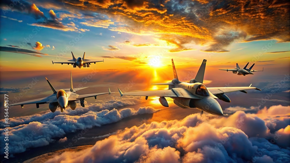Fighter jets in tight formation against a colorful sunset sky, fighter ...