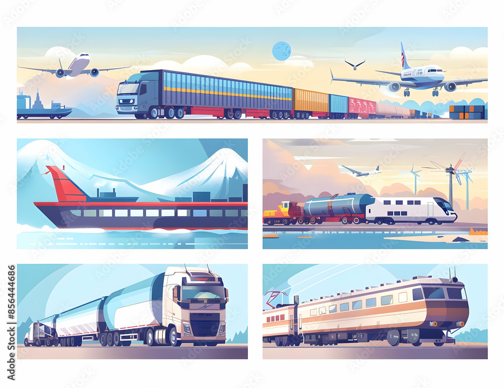 Set of six colorful cartoon illustrations depicting various modes of ...