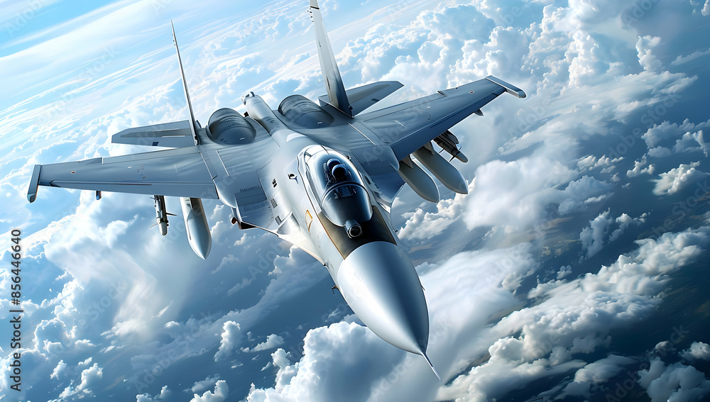 A sleek fighter jet soars through a bright blue sky, leaving a trail of ...