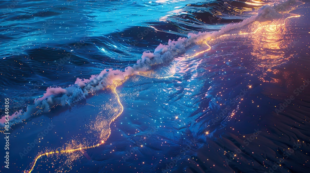 light blue beach covered with colorful waves, fluorescent ocean ...