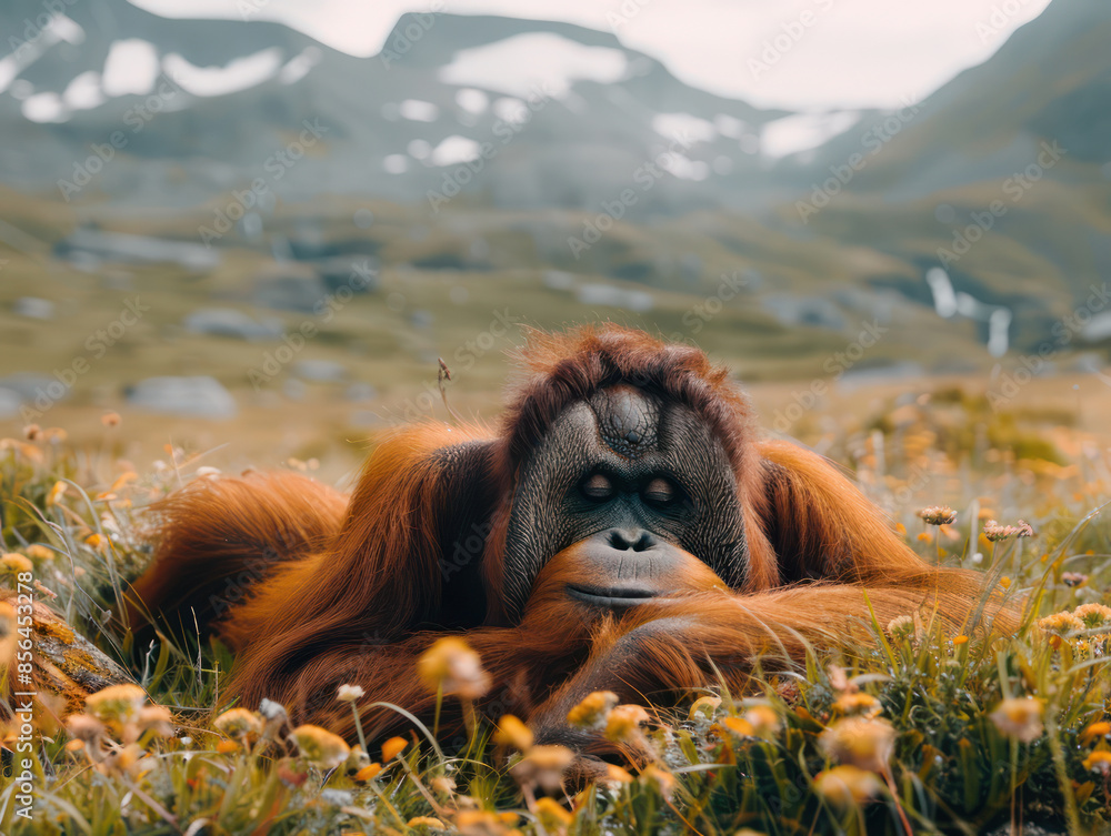 Majestic Orangutan Resting in Alpine Meadow with Snow Capped Mountains ...