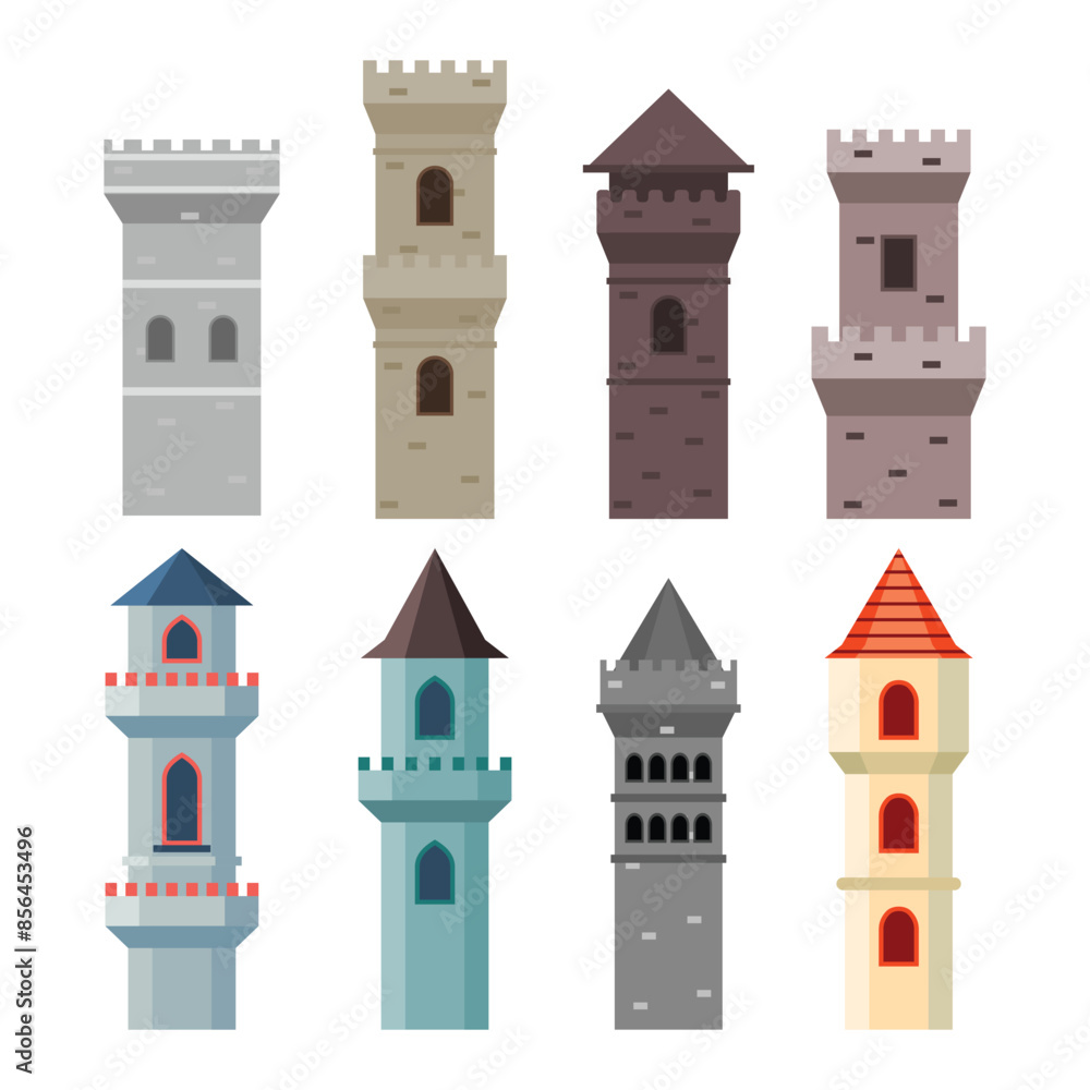 Set of old castle towers collection, Medieval castle towers, magic ...