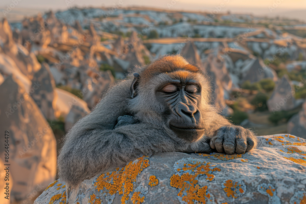 Serene Monkey Relaxing atop a Scenic Rocky Landscape at Sunset ...