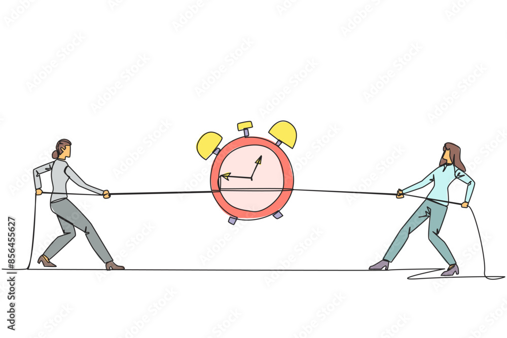 Single continuous line drawing two businesswomen fighting over an alarm ...