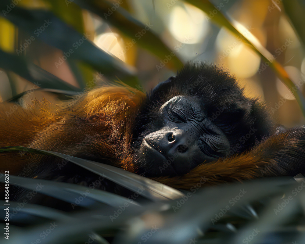 Captivating Image of a Sleeping Monkey Amidst Lush Foliage in a ...