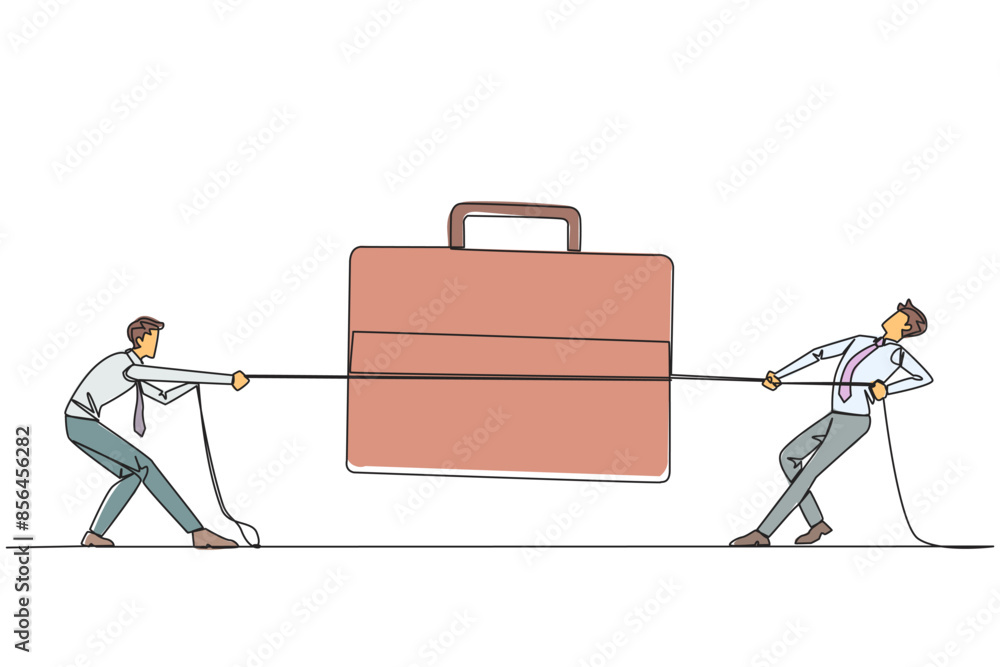 Single continuous line drawing two businessmen fighting over briefcase ...