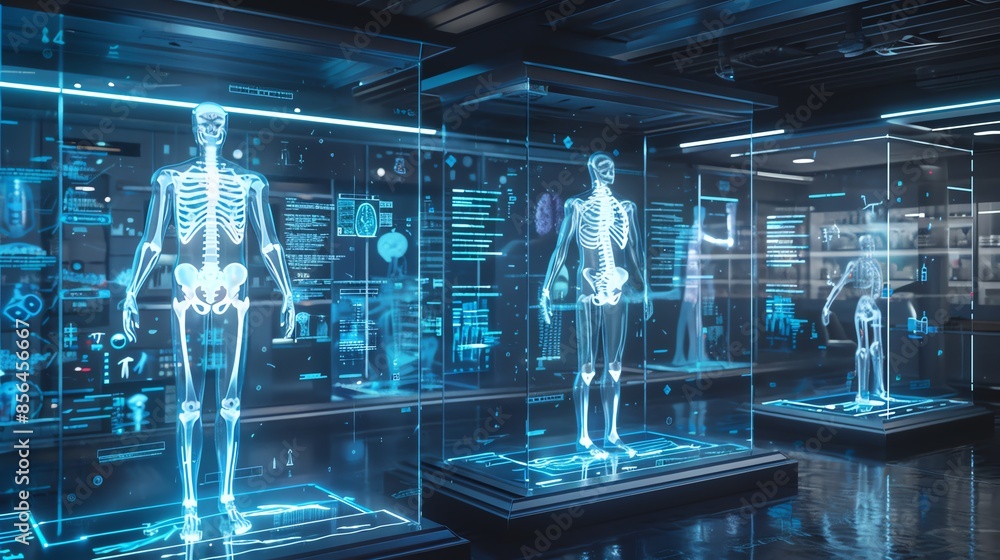 Innovative medical room with floating Xray holograms showing intricate ...