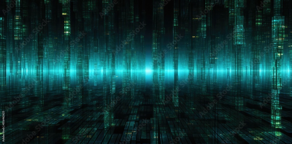 matrix background with a cityscape featuring a towering skyscraper, a ...