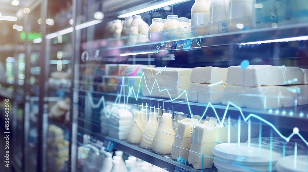 Refrigerated dairy products display with an overlay of rising financial ...