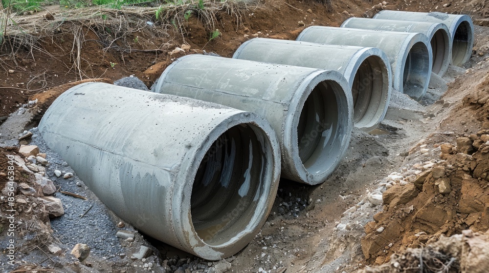 Concrete drainage pipe system installation on road sides for urban ...