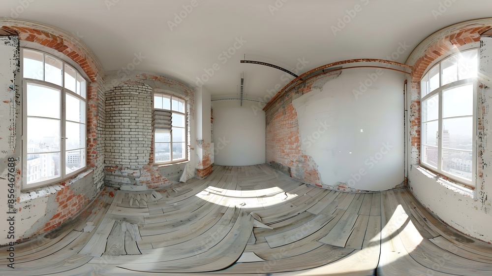 empty room with repair and brick walls with city view in full seamless ...