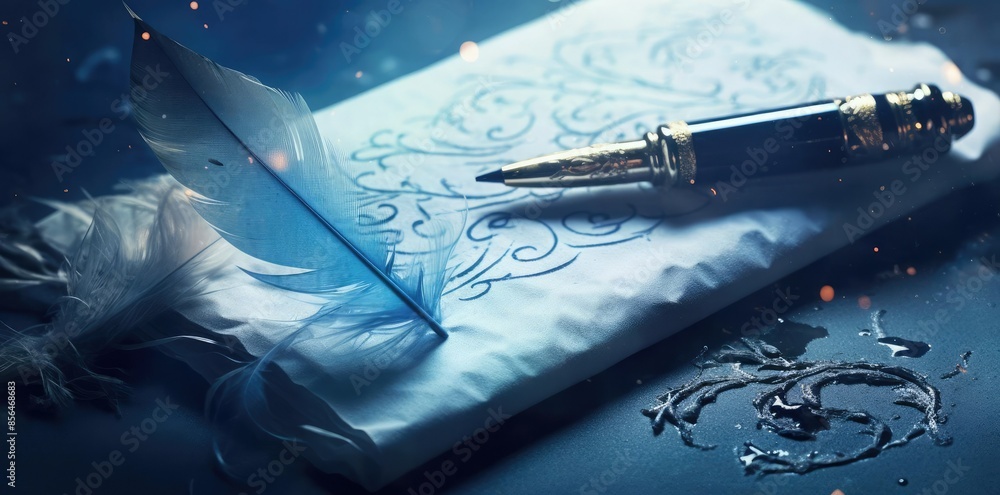 writing background with feather and fountain pen on a piece of paper ...