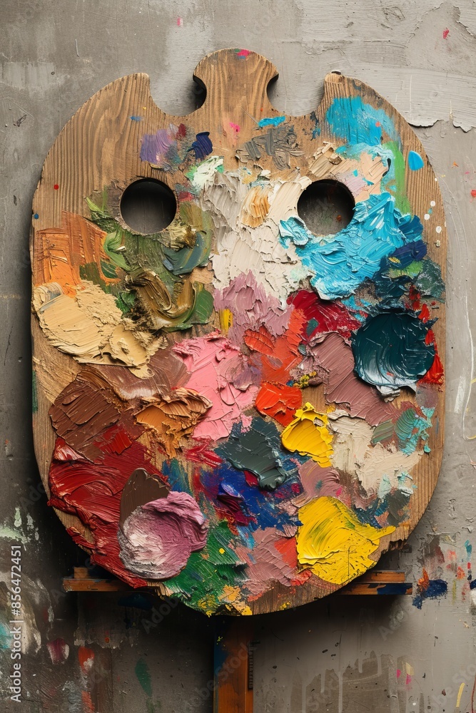 Vibrant wooden palette adorned with a spectrum of paint colors ...