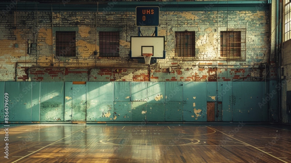 Vintage Abandoned Basketball Court with Worn-Out Walls and Hardwood ...
