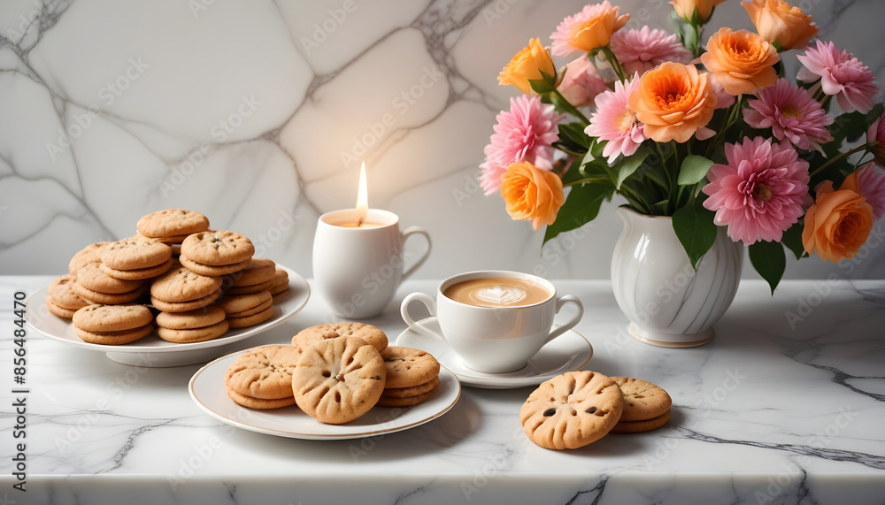 Elegant morning coffee setup with cookies a gift and flowers background ...