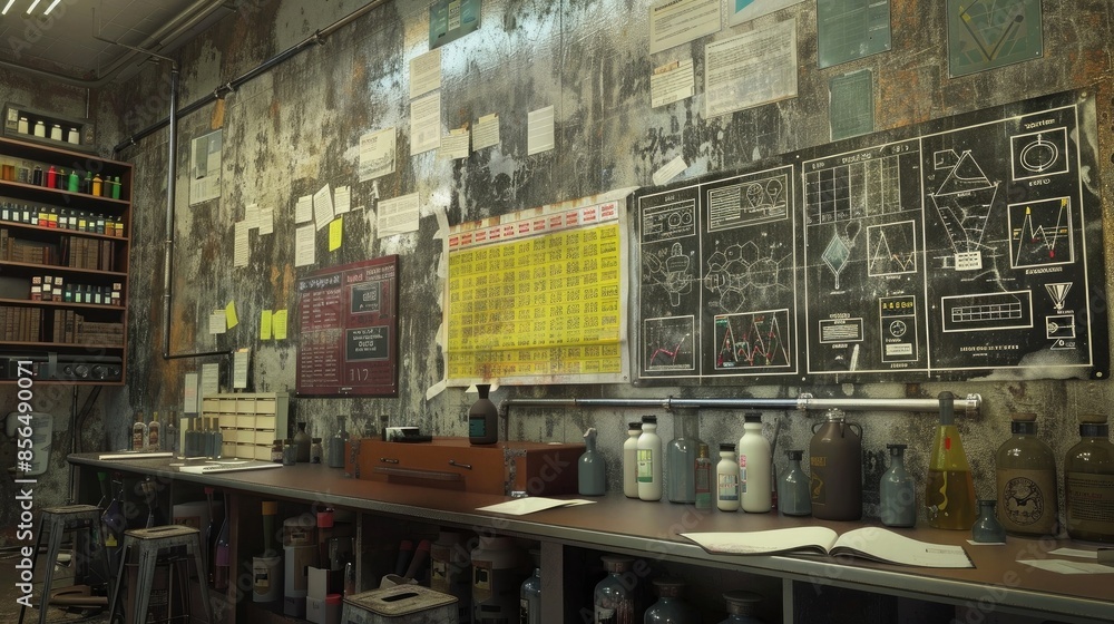 Chemist's Lab Wall: Covered in periodic tables, chemical structure ...