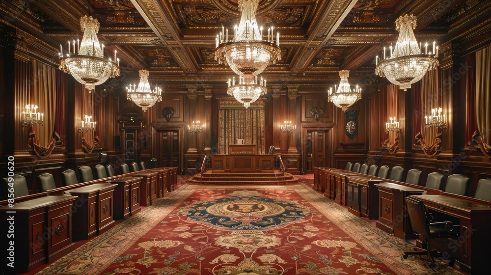 City Council Chambers: A spacious room adorned with ornate chandeliers ...