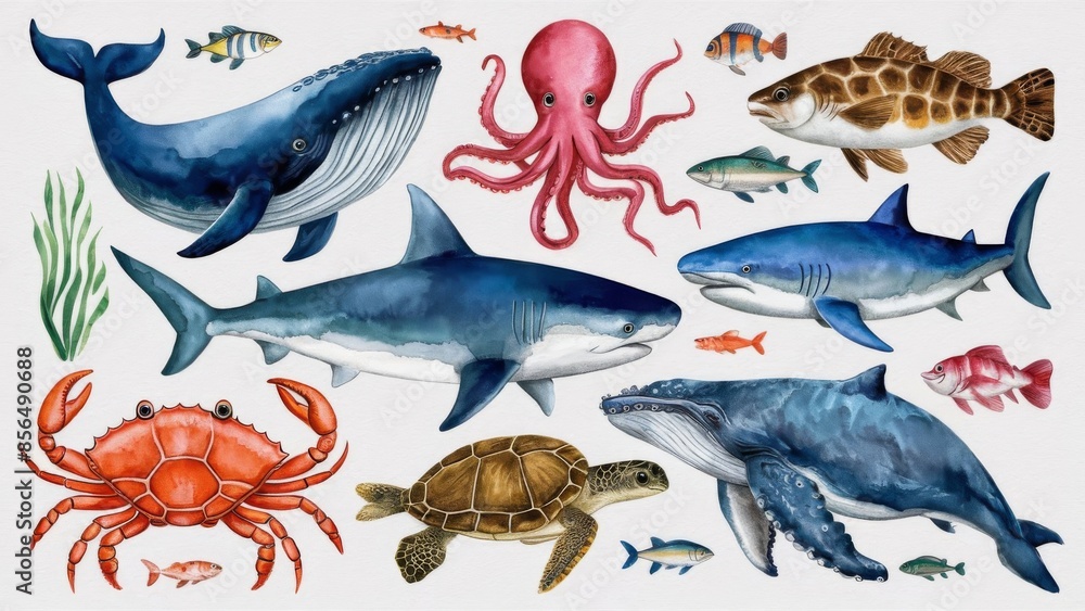 a collection of watercolor clipart showcasing hand-drawn underwater ...