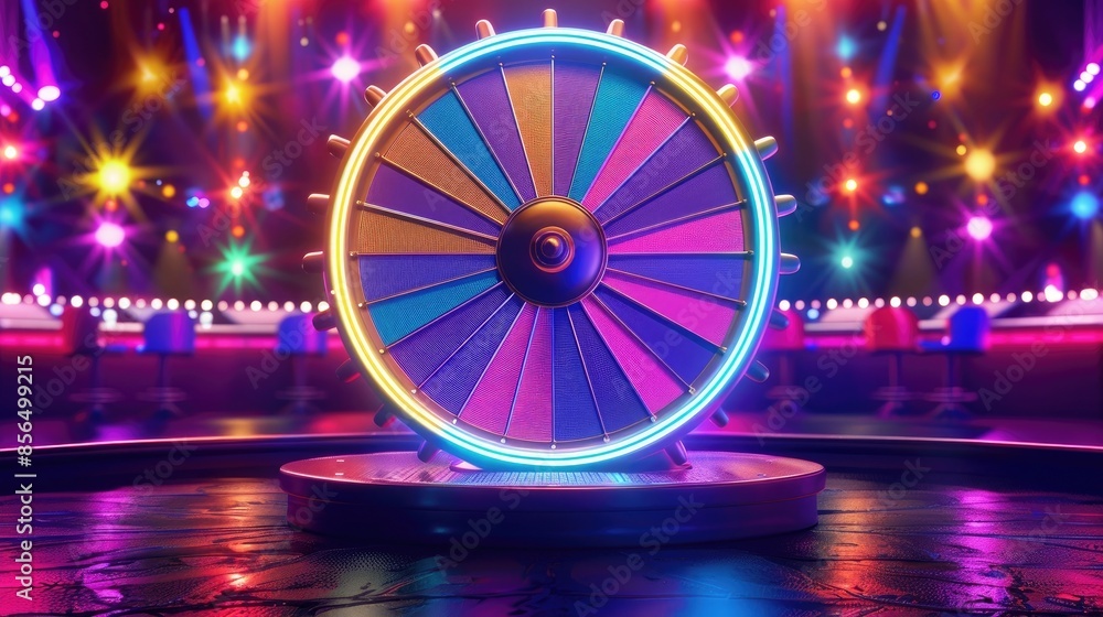 Foto de Colorful Game Show Wheel with Contestant Stands and Host Desk ...