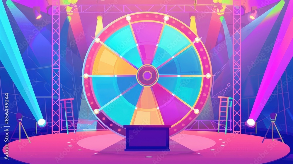 Colorful Game Show Wheel with Contestant Stands and Host Desk. Concept ...