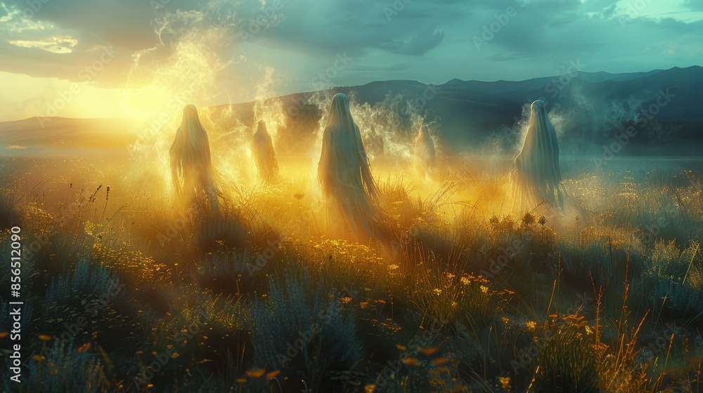 In the dim light of twilight, ghostly apparitions appear, their semi ...