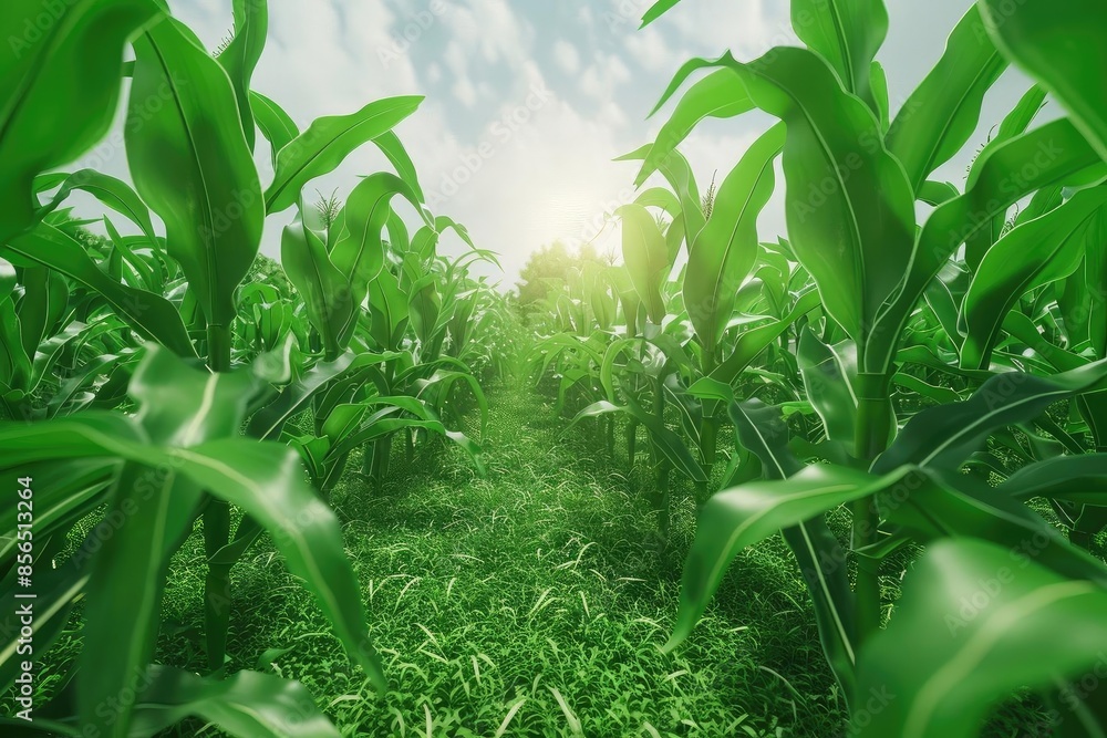 Sunlit cornfield with tall, green corn stalks stretching toward the sky ...
