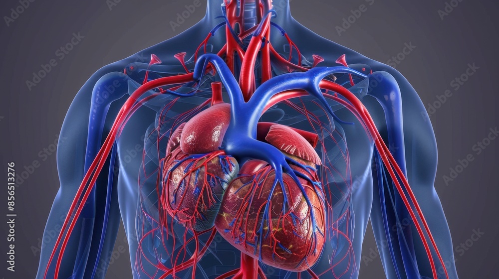 Digital illustration of a human torso emphasizing the heart and ...