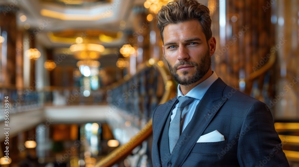 A man with a polished style is captured in a luxury hotel lobby. He is ...