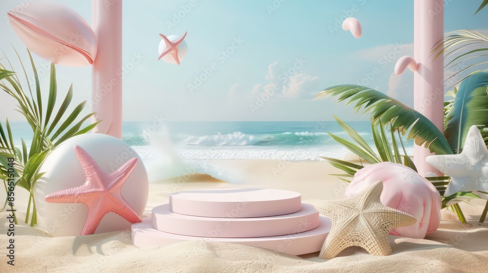 3d render Summer sale podium stand for showing product. Beach Vacations Scene in Summer for mock ...