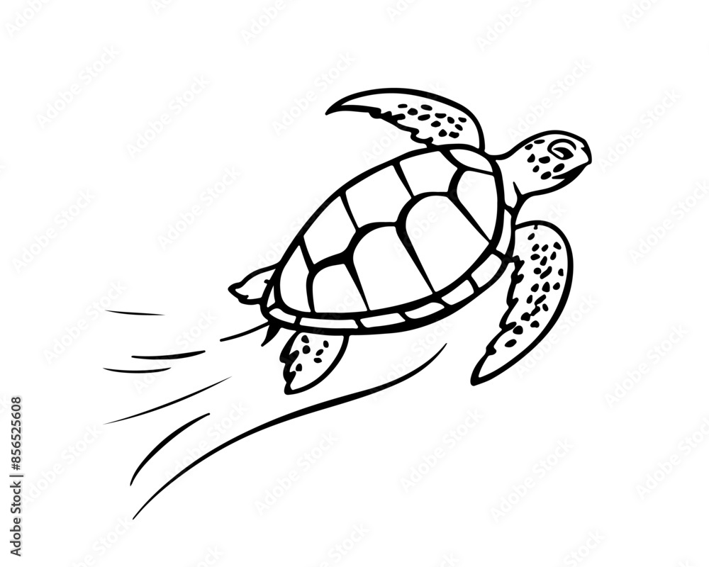 Vector isolated cute cartoon swimming sea turtle colorless black and ...