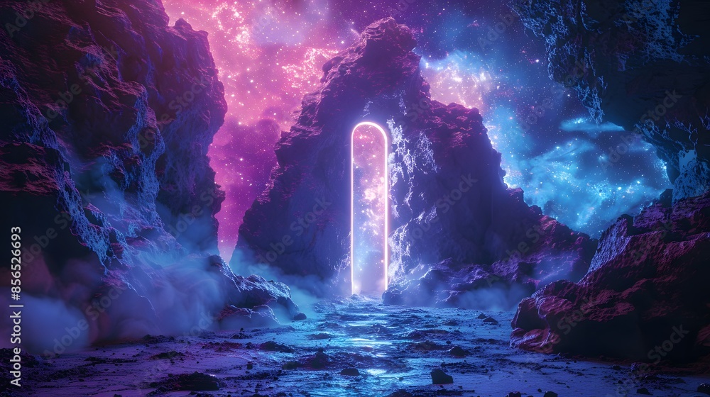 Cosmic glowing portal doorway among stones in space. Stars, planets ...