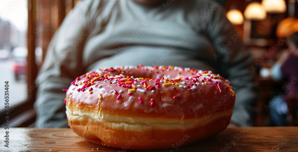 World Obesity Day celebration with overweight person eating a donut ...