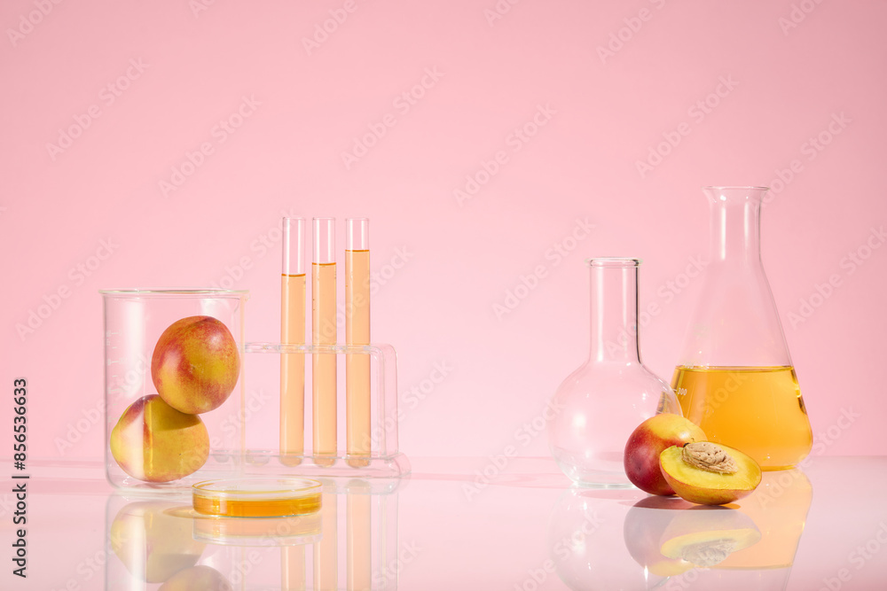 Unique photo from front angle, over pink background, fresh peaches and ...