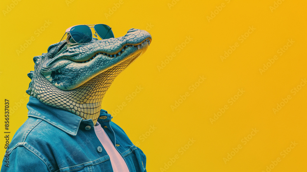 An alligator wearing sunglasses and a blue shirt against a yellow ...