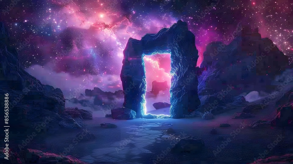 Cosmic glowing portal doorway among stones in space. Stars, planets ...