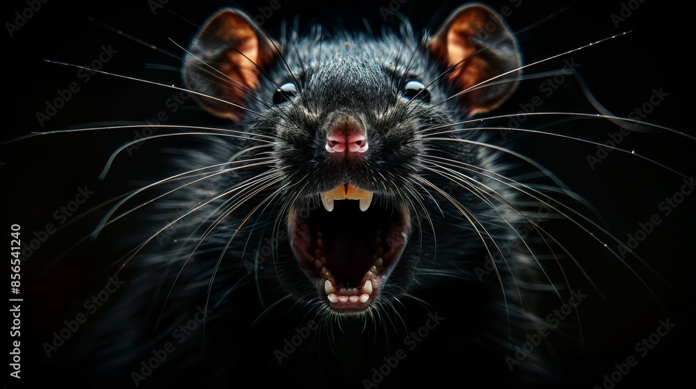 the face of a rat with an open mouth looking at the camera, close-up of ...