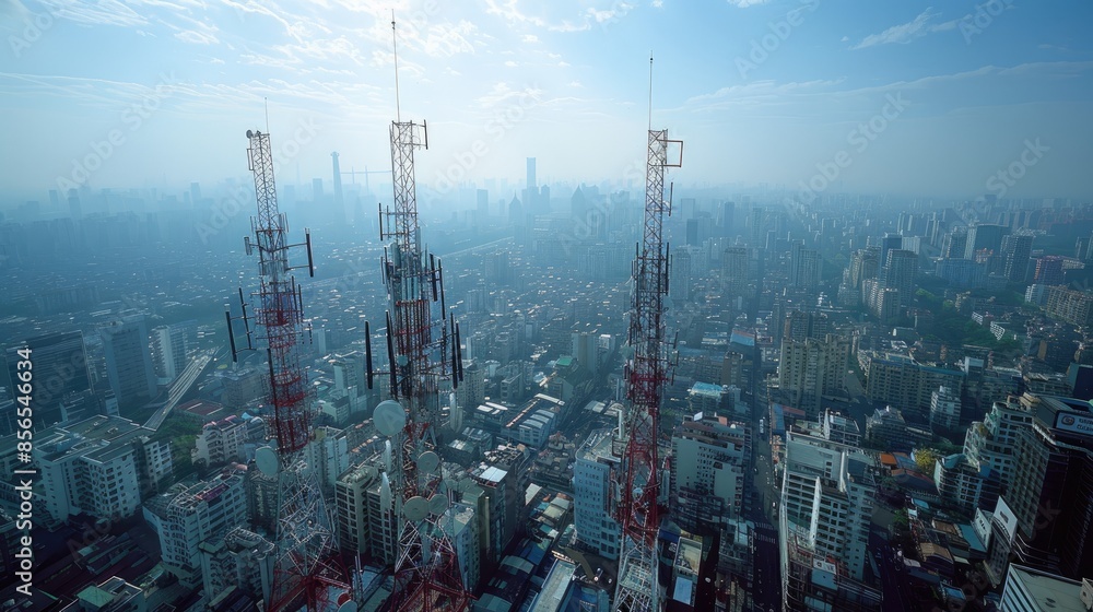 An aerial view of a sprawling metropolis with numerous cell towers and ...