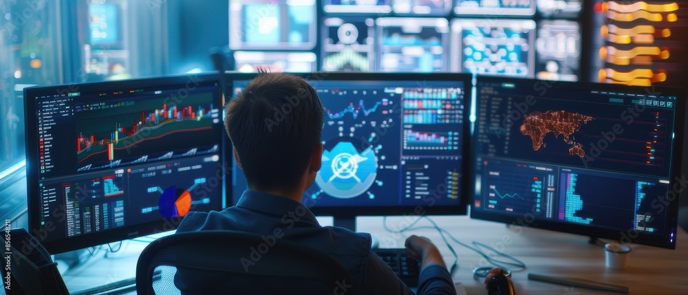 Person analyzing data on multiple monitors in a control center filled ...