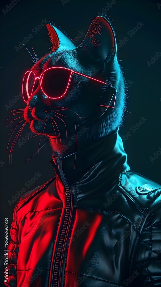 Enigmatic Anthropomorphic Bad Boy Cat Figure in Sleek Synthwave Attire ...
